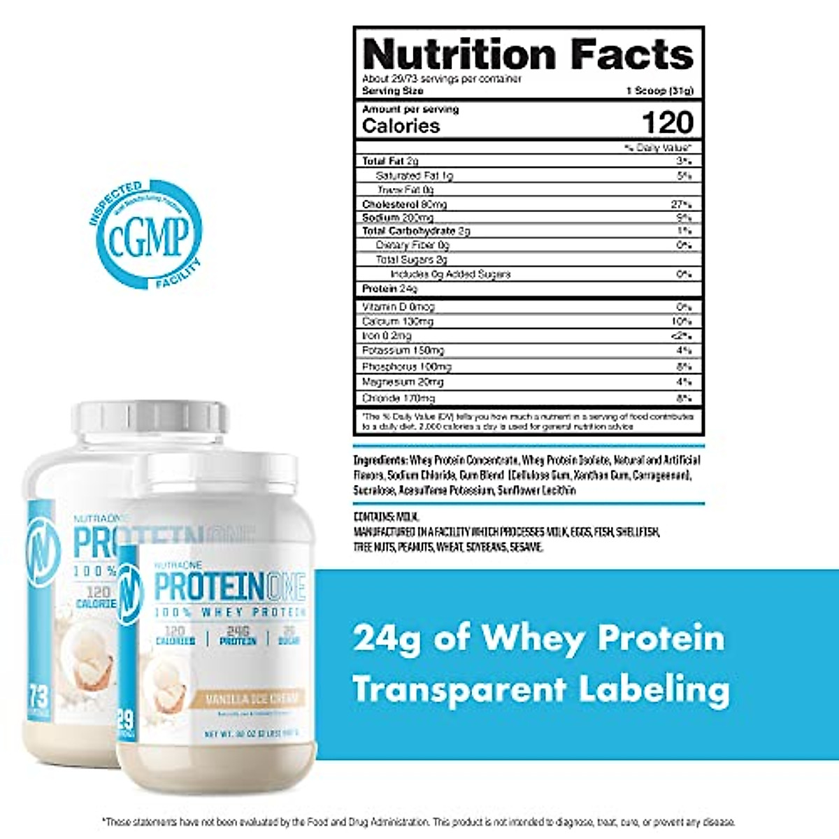 NutraOne ProteinOne Whey Protein Promote Recovery and Build Muscle with a Protein Shake Powder for Men & Women(Vanilla Ice Cream, 2 LB)