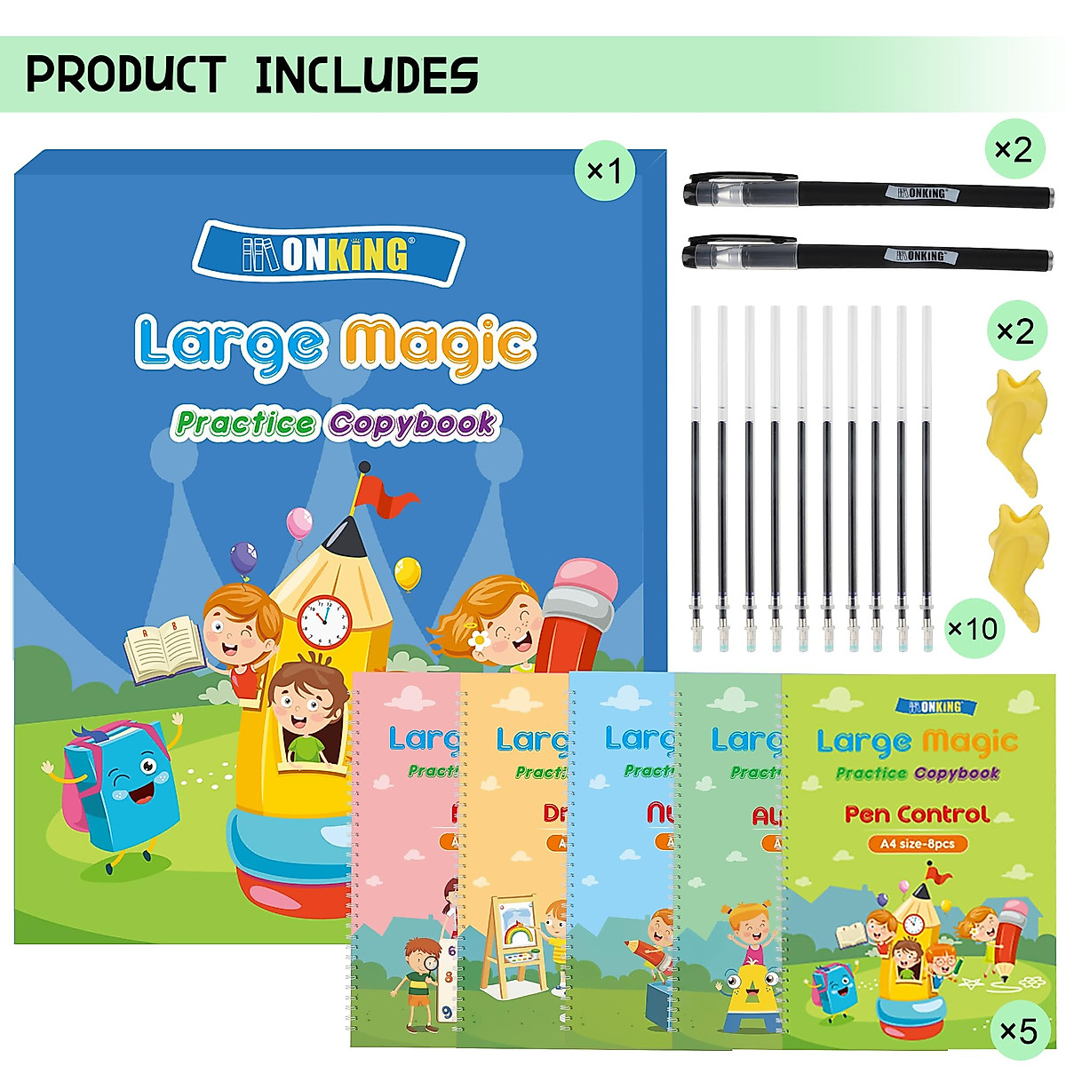 Monking 4Pc Large Magic Practice Copybook for Kids,Handwriting Practice Book 4 Pack with Pen Refill English Cursive Calligraphy Reusable Age 3-8 ，11.4x8.3Inch (4pc+2 pen)