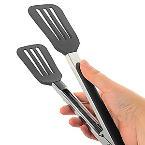 STARUBY Cooking Tongs 12 inches 2-Pack Stainless Steel Kitchen Silicone Serving Tongs Heat Resistant Grill Tongs Meat Turner Spatula Tongs Fish Tongs with Locking Handle Joint, Black