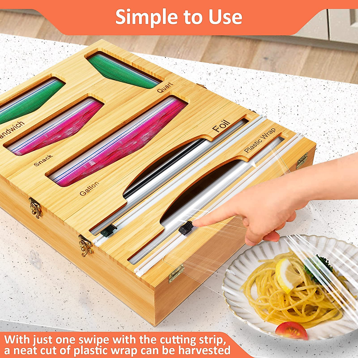 Ziplock Bag Organizer,Upgraded 6 in 1 Foil and Plastic Wrap Organizer,Bamboo Storage Organizer for Gallon,Quart,Sandwich & Snack Bag,Foil Dispenser With Cutter Fit 12" Plastic Wrap,Aluminum Foil
