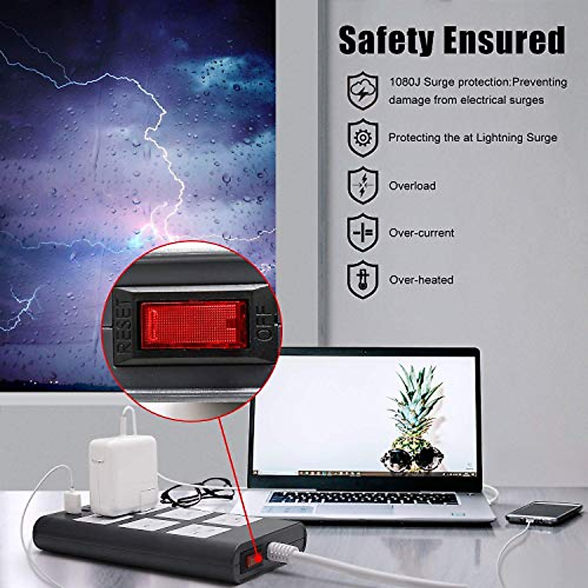 Power Strip, SUPERDANNY Flat Plug Surge Protector, 10 ft Extension Cord with 15A 6 Widely Multi Outlets, 3.1A Fast Charge 4 USB Ports, Fire-Retardant