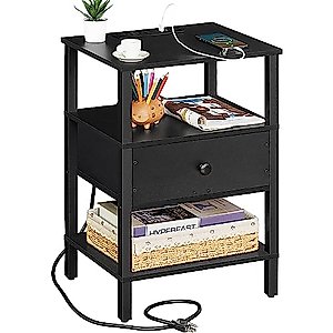 Lerliuo Nightstand with Charging Station and USB Ports, 3-Tier Storage End Table with Drawer Shelf, Night Stand for Small Spaces, Wood Bedside Table for Living Room, Bedroom - Classic Black
