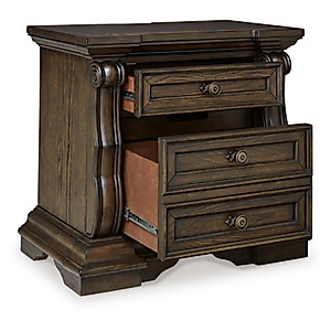Signature Design by Ashley Maylee Classic 2 Drawer Nightstand with Pull-Out Tray, Power Supply and USB Ports, 29.5" Tall, Dark Brown