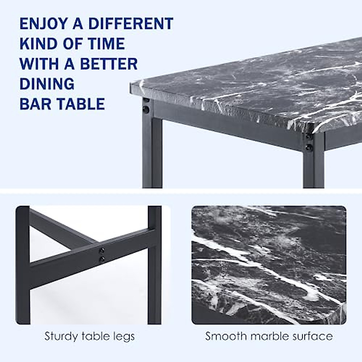 Rongbuk 44.5" Bar Table,Pub Table with Adjustable Feet Floor Protector, Narrow Rectangular Table, Kitchen Counter Table, High Top MDF Table,Sofa Table with Black Metal Legs,Black Marble