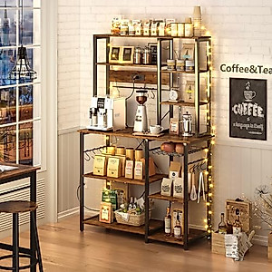 SUPERJARE Large Bakers Rack with Power Outlets, 6-Tier Microwave Stand, Coffee Bar with 12 S-Shaped Hooks, Kitchen Shelf with Wire Basket, 39.3 x 15.5 x 66.9 Inches, Rustic Brown