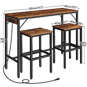 HOOBRO Bar Table Set with Power Outlet, 47.2“ Bar Table and Chairs Set, 3-Piece Pub Table Set, Kitchen Bar Height Table with Stools of 2, for Living Room, Dining Room, Rustic Brown and Black BF46UBT01