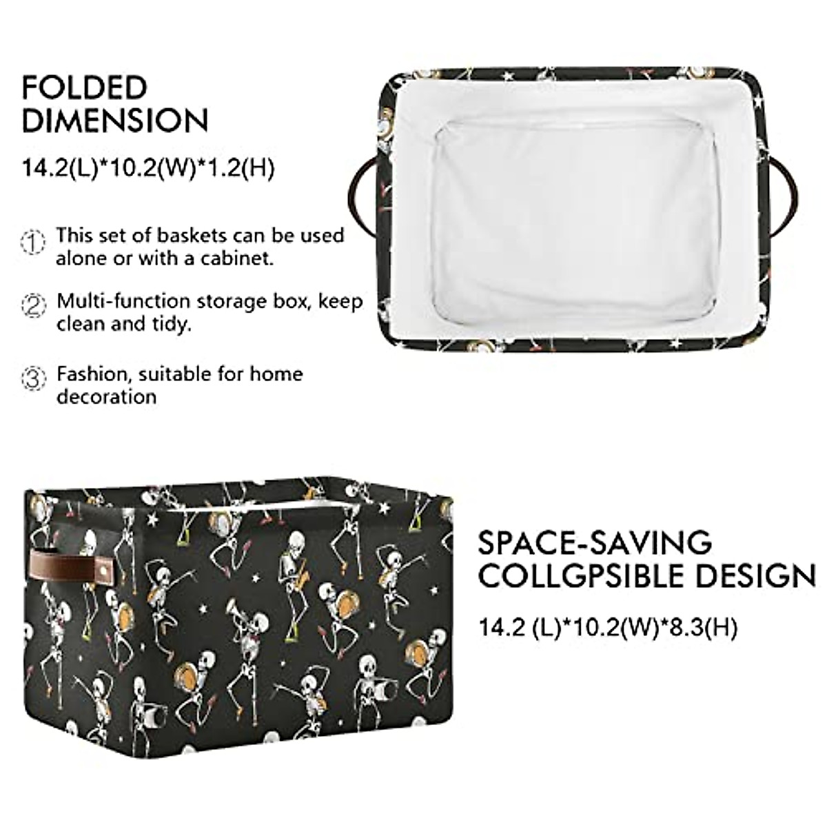 Sletend Skull Rectangular Storage Bin Foldable Sturdy Organizer Basket with Leather Handles for Organizing Home Office Nursery-1Pack