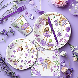 Xenorik Fairy Party Decorations Tableware - Purple Fairy Birthday Party Supplies, Paper Plate, Cup, Napkin, Cutlery, Flower Fairies Princess Enchanted Forest Garden Baby Shower Decorations | Serve 24