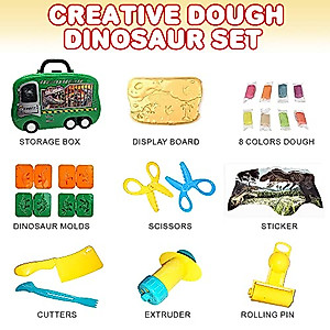 ArtCreativity Dinosaur Theme Modeling Clay Playset on Wheels, Play Dough Activity Kit with 10 Dinosaur Molding Accessories, 8 Dough Colors, & Travel Case, Safe & Non-Toxic for Kids, Great Gift Idea