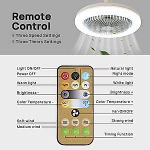 Enclosed Mini Ceiling Fan with Light, No Tools - Screw into any light socket 3 Speed Settings, 3 Brightness Settings up . Adjustable LED Mini Ceiling Fans for Bathroom/Bedroom/Living Room/Garage