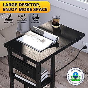 C Table End Table with Charging Station, 2 Tier C Shaped Side Table Bedside Tables with Power Outlets & USB Ports for Living Room Bedroom, C Shaped Sofa Couch Snack Tables for Small Space, Black