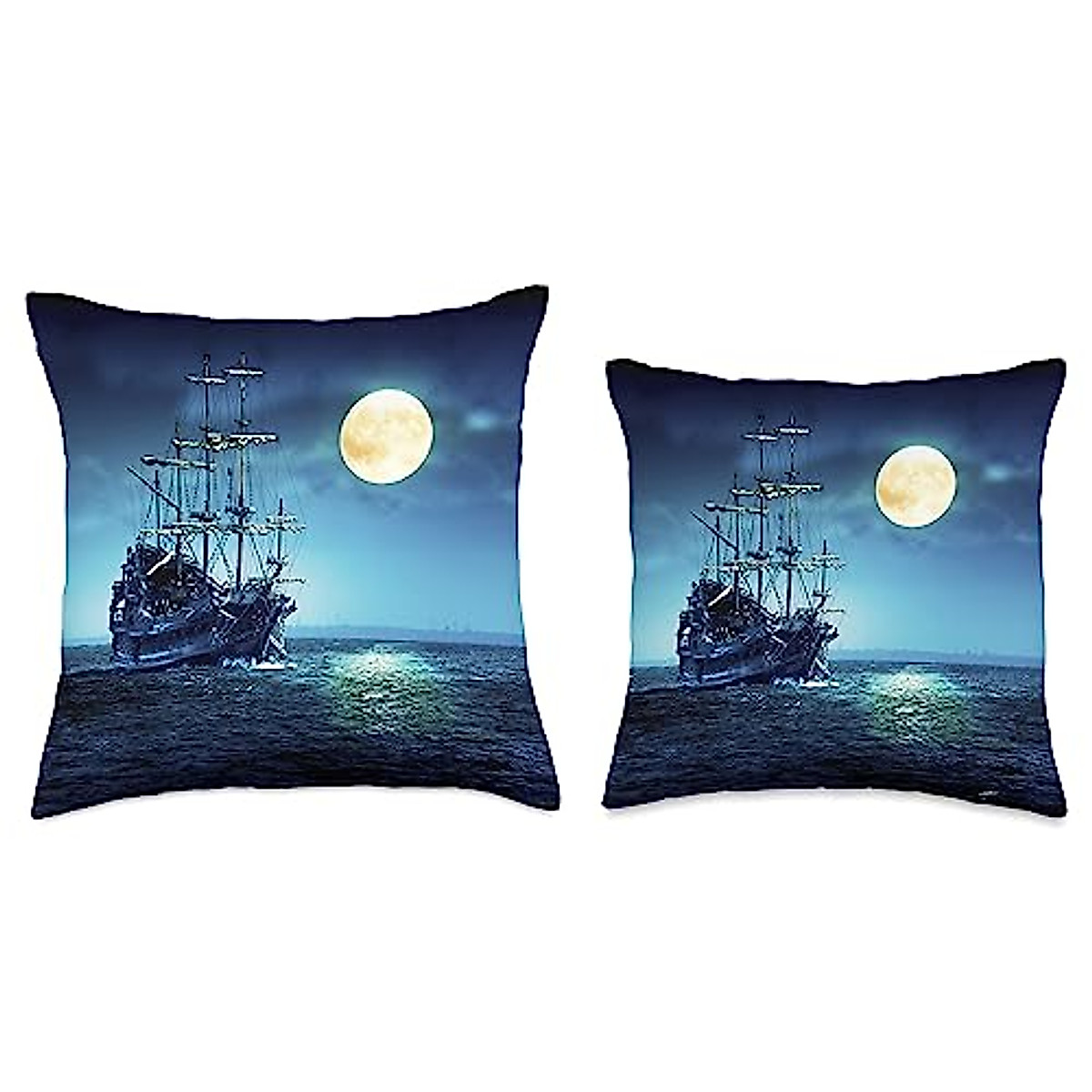 Original Pirate Ship Moon Old Pirate Ship Full Moon Night Sailing Blue Sea Ocean Throw Pillow, 18x18, Multicolor