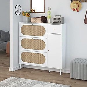 Mcltopz Rattan Shoe Cabinet with 3 Flip Drawers&1 Small Drawer&1 Door, Modern Free-Standing Shoe Rack Narrow Shoe Storage Cabinet Wooden Shoe Rack Storage Cabinet for Entryway Hallway Doorway (White)