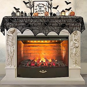 AerWo Halloween Decorations Indoor Halloween Fireplace Mantel Scarf, Black Lace Spiderweb Fireplace Cover for Halloween Mantle Decor Festive Party Supplies,18 x 98 inch