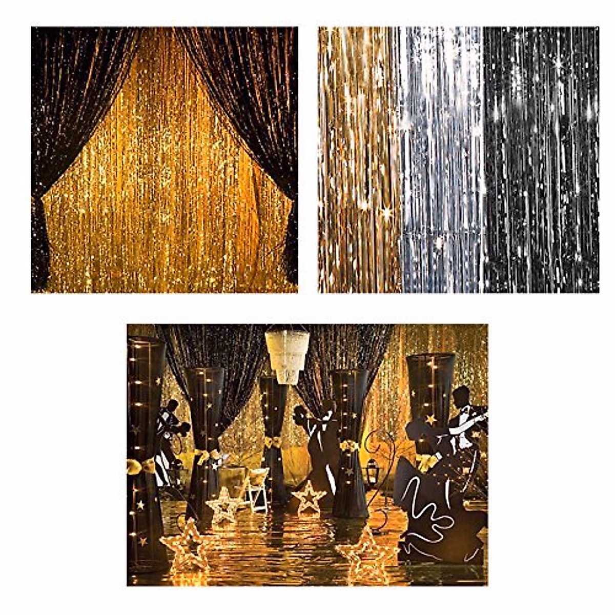 Adorox (2 pc Metallic Black) Metallic Silver Gold Rainbow Photo Backdrop Foil Fringe Curtains Party Wedding Event Decoration
