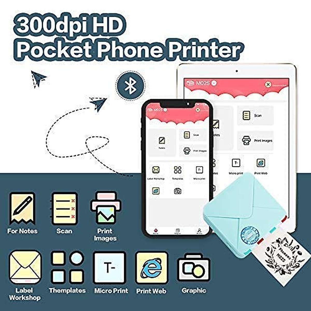 Phomemo M02S Pocket Thermal Printer- Bluetooth Photo Printer with 3 Rolls Colorful Sticker Paper, Compatible with iOS + Android for Plan Journal, Study Notes, Art Creation, Work, Gift