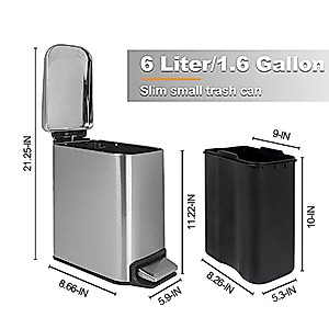 LAISU 6L/1.6Gal Stainless Steel Trash Can with Lid Soft Close, Removable Inner Wastebasket, Slim Small Garbage Can, Step Trash Bin for Bathroom Bedroom Office, Anti-Fingerprint Finish, Silver