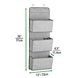 mDesign Fabric Baby Nursery Hanging Organizers for Over the Door Storage for Kids - 3 Pocket Organizer Caddy with Hooks for Clothing, School, Diaper, Toy, Outfits - Lido Collection - Textured - Gray