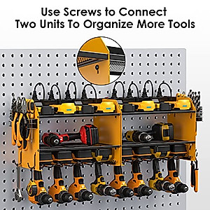 CCCEI Modular Power Tool Organizer Wall Mount Charging Station, Yellow 6 Drills Holder with 8 Plug Power Strip, Garage Drill Battery Heavy Duty Metal Shelf, Utility Rack with Hooks, Side Storage.