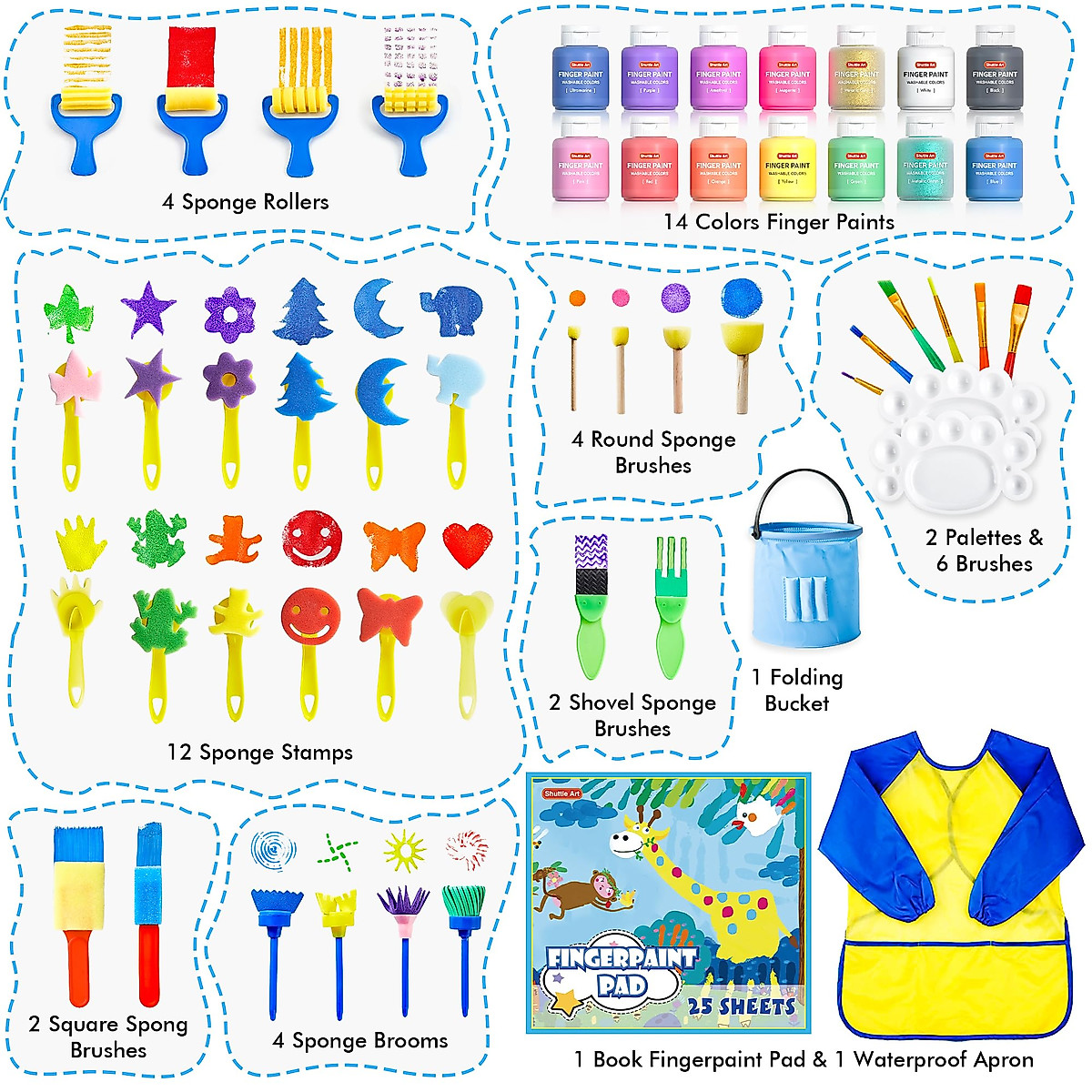 Washable Finger Paint Set, Shuttle Art 46 Pack Kids Paint Set with 14 Colors(60ml) Finger Paints, Brushes, Finger Paint Pad, Sponge, Palette, Smock, NonToxic for Toddlers Home Activity Early Education