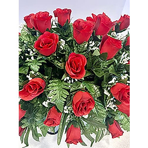 Cemetery Flowers for Grave Decoration with Red Rose Buds and Baby's Breath made into a Saddle Arrangement for Headstones