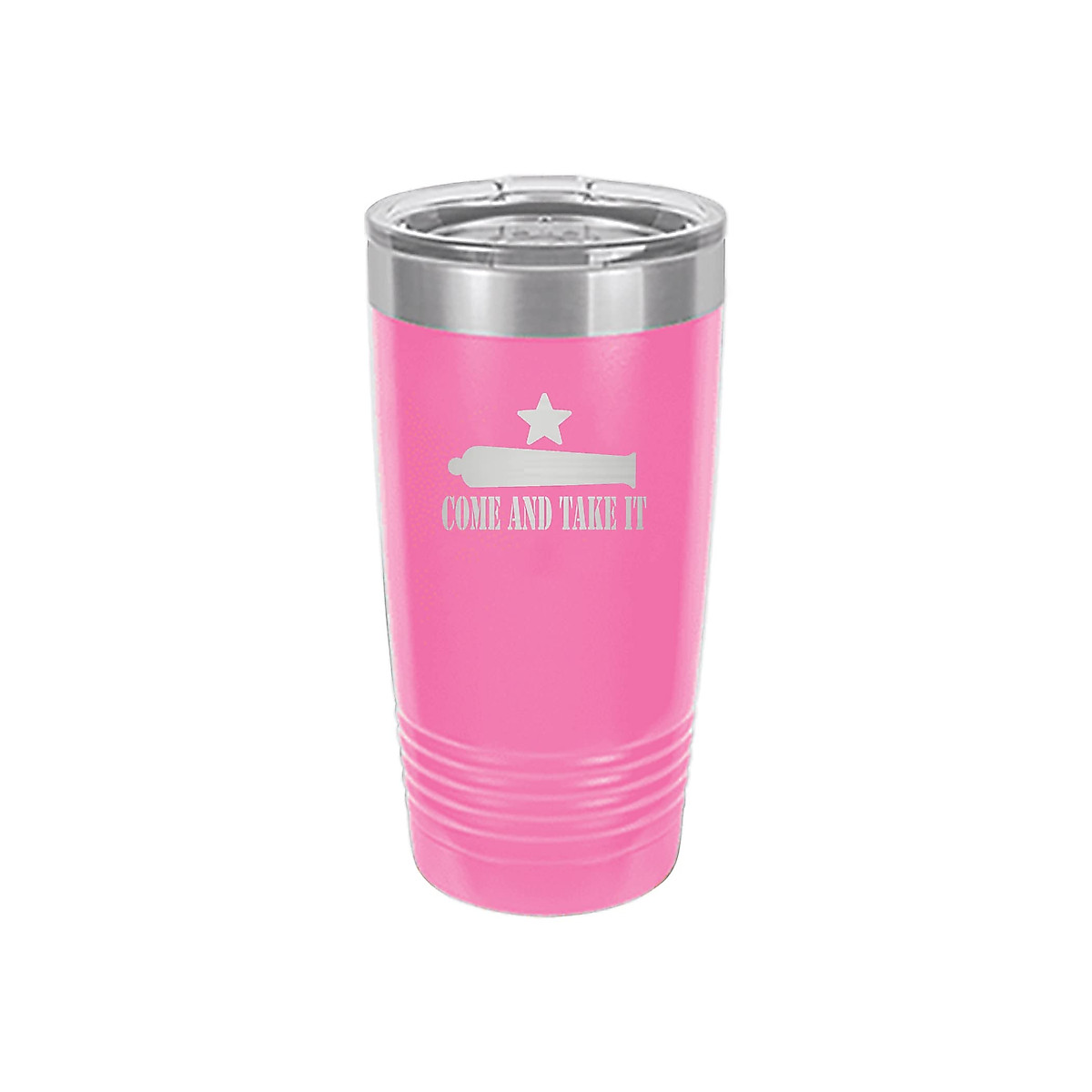Rogue River Tactical Come and Take It Gonzales Texas Flag 20 Oz. Stainless Steel Travel Tumbler Mug Cup w/Lid Vacuum Insulated Hot or Cold (Pink)
