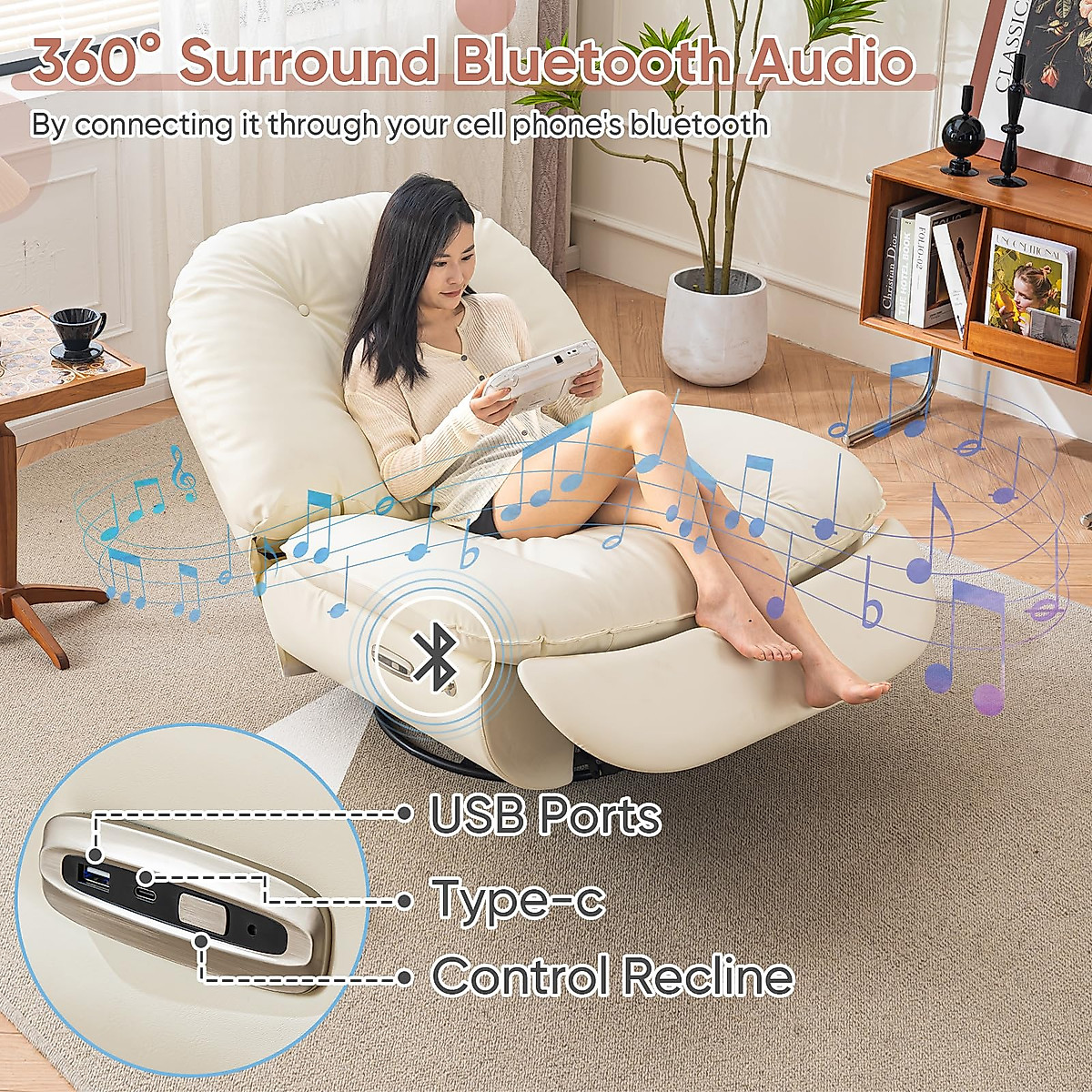 Oversized Electric Recliner Chair, 270 Swivel Rocking Glider Rocker for Adults Modern Ergonomic Lounge Chair Living Room with Phone Stand & Smart Voice Control Theater Seating, Ivory Fuax Leather