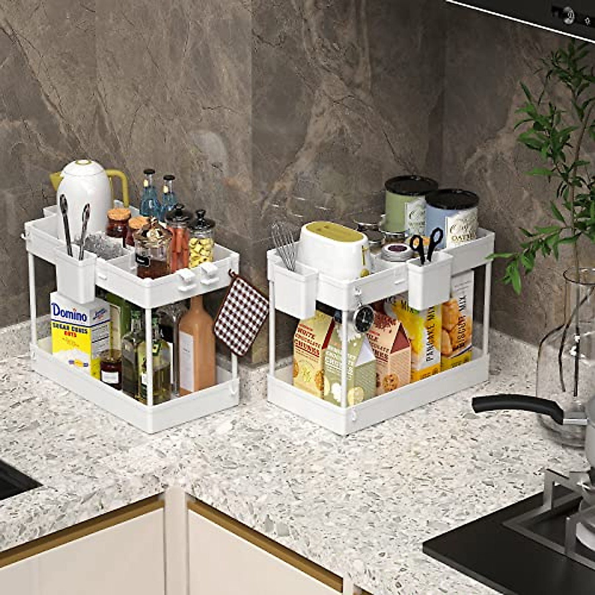 SOYO Under Sink Organizers and Storage, 2 Tier Bathroom Organizer Under Sink Shelf, Kitchen Organization Cabinet Storage Caddy Bath Counter Basket with Hooks Dividers Hanging Cups, White