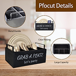 Paper Plate Holder, Utensil Caddy Organizer, Wood Paper Plate Dispenser, Silverware Caddy Holder, and Disposable Coffee Bar Accessories Box for Kitchen Counter, Party, Camping, Picnic (4 Compartment)