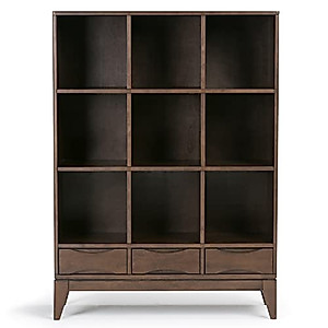 SIMPLIHOME Harper SOLID HARDWOOD 42 Inch Mid Century Modern Cube Storage Bookcase with Drawers in Walnut Brown, For the Living Room, Study Room and Office