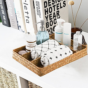 Lyellfe 2 Pack Tea Bag Organizer, 4 Divided Sugar Packet Holder, Handmade Seagrass Wicker Storage Basket for Organizer, Silverware Drawer for Paper, Cutlery, Coffee Pods, Snack