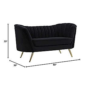 Meridian Furniture Margo Collection Modern | Contemporary Velvet Upholstered Loveseat with Deep Channel Tufting and Rich Gold Stainless Steel Legs, Black, 65" W x 30" D x 33" H