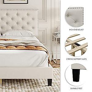 HOSTACK Queen Size Bed Frame, Modern Upholstered Platform Bed with Adjustable Headboard, Heavy Duty Button Tufted Bed Frame with Wood Slat Support, Easy Assembly, No Box Spring Needed (Beige, Queen)