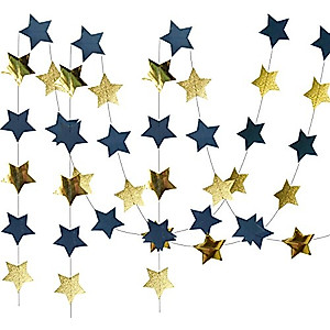 Furuix Outer Space Decorations Birthday Party Decorations 2pcs Navy Blue Glitter Gold Paper Star Garlands Star String for Baby Shower Decorations
