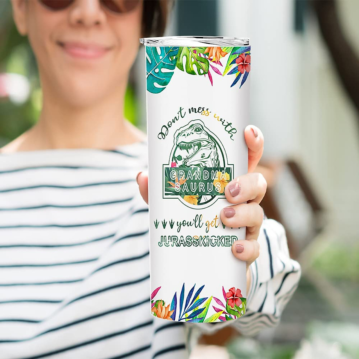 Fatbaby Funny Grandma Gifts,Grandmasaurus Tumbler Cup,Mother’s Day Birthday Christmas Gifts for Grandma,Vacuum Insulated Stainless Steel Skinny Tumbler With Lid and Straw 20oz