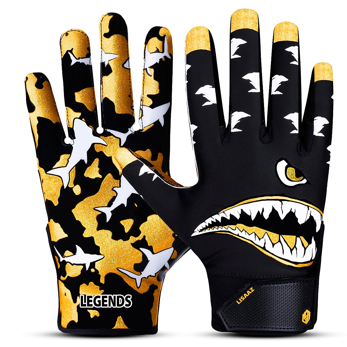 Limited Edition Football Gloves Fit Youth Football Gloves Tacky Football Gloves Men, Football Gloves for Kids 8-12 Receiver Gloves Adult/Football Gloves Youth (Shark/Black&Gold, Youth XS/Small)