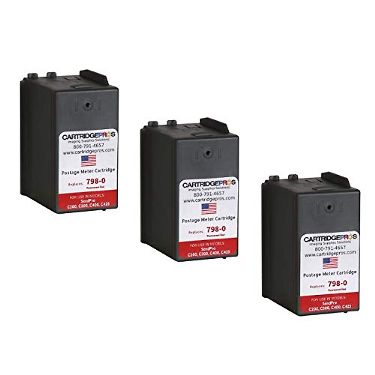 3-Pack Replacement Compatible SL‑798‑0 Ink Cartridges for SendPro C200, C300 and C400 Postage Meters. Made in The USA.