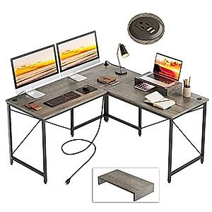 Bestier L Shaped Desk Computer Long Desk Reversible Corner Desk for Home Office with Power Outlet Monitor Stand 2 Cable Holes USB Socket 95.2 Inch 2 Person L Desk, Gray