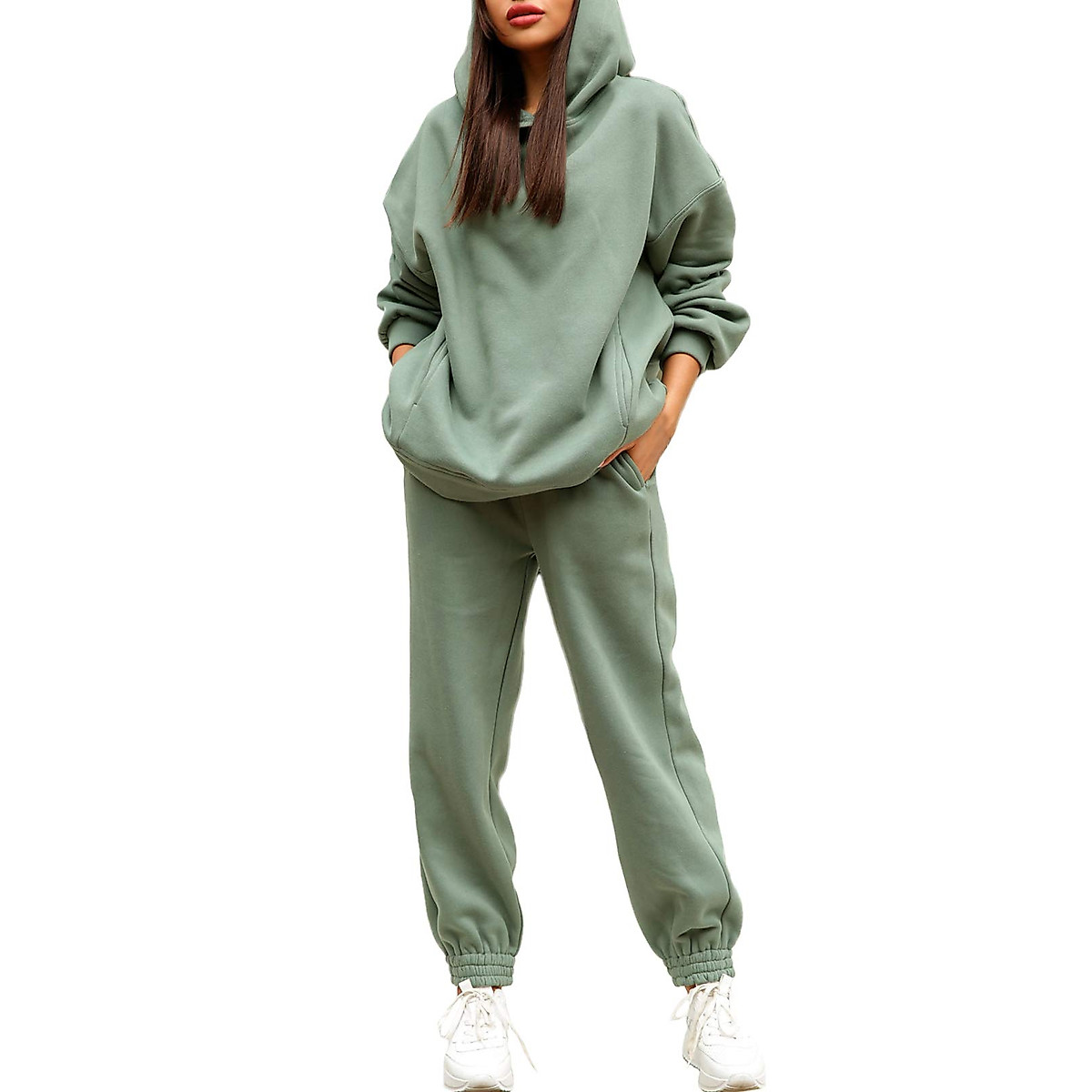 Linsery Sport Hoodie with Jogger Sweatpants Tracksuit Hooded 2 Piece Workout Set Sweatshirt Matching Jogging Suit Green L