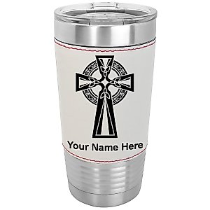 LaserGram 20oz Vacuum Insulated Tumbler Mug, Celtic Cross, Personalized Engraving Included (Faux Leather, Baseball Style)