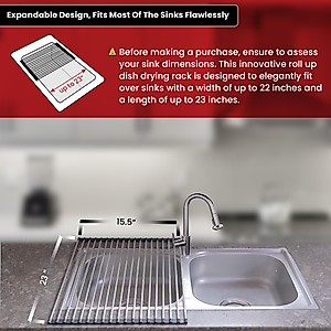 R RESERVE Upgraded, Roll up Dish Drying Over The Sink Rack Mat with Stainless Steel Wires, Rollable, Large, Black/Silver, (15.5" x 23")