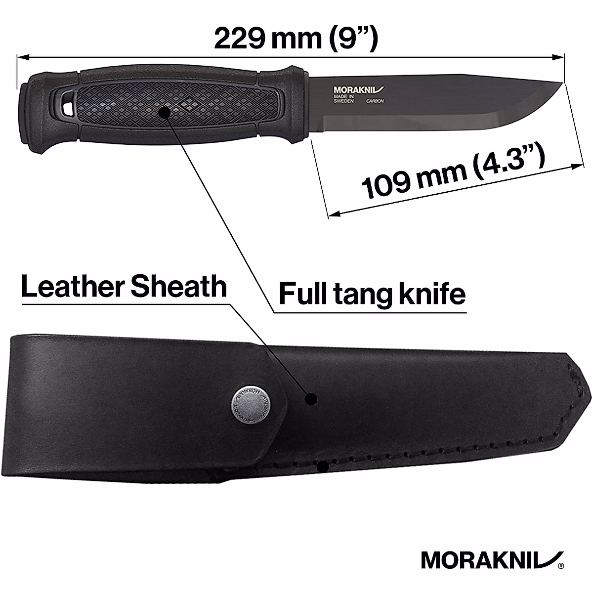 Morakniv Garberg Full Tang Fixed Blade Knife with Carbon Steel Blade and Leather Sheath, Black, 4.3 Inch