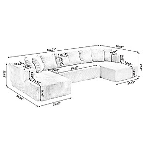 BAMOOLI 131'' Modular Sectional Couch, Modern U-Shaped Floor Sofa with Double Chaise Lounge, Comfy Corduroy Fabric Sofa Couch, Upholstered Corner Free Combination Sofa for Living Room, Apartment, Grey