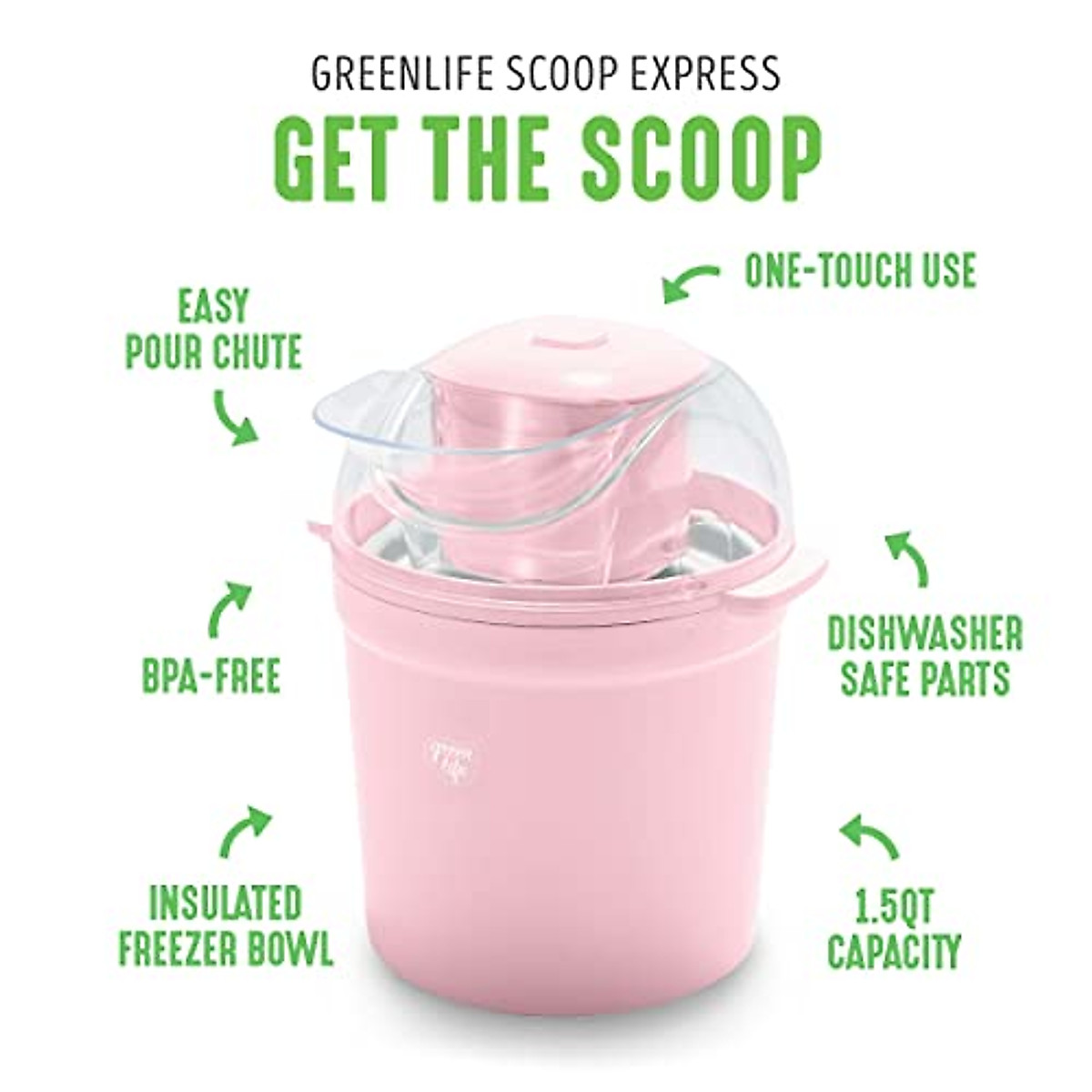 GreenLife 1.5QT Electric Ice Cream, Frozen Yogurt and Sorbet Maker with Mixing Paddle, Dishwasher Safe Parts, Easy one Switch, BPA-Free, Pink