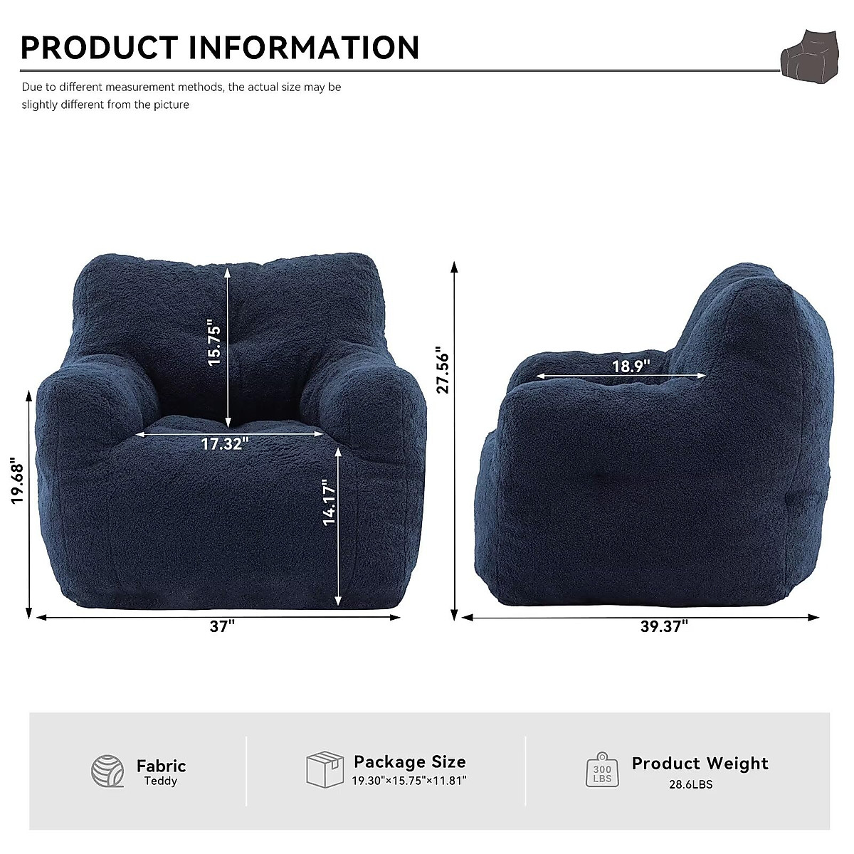 FOXHUNTER Bean Bag Chair for Adults, Bean Bag Sofa with Tufted Soft Stuffed Filling, Fluffy and Lazy Sofa Comfy Chair BeanBag Chairs with Memory Foam for Dorm Livingroom Apartment, Teddy Blue