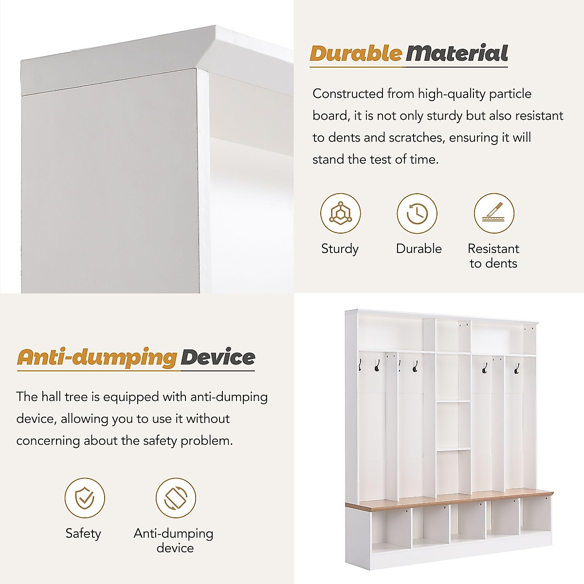 Wide Design Hall Tree with Storage Bench,Modern Style 4-in-1 Multiple Functions Hallway Coat Rack with 8 Hooks and Cube Storage & Shelves for Entryways, Mudroom(White)