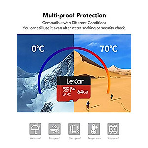 Lexar 64GB Micro SD Card, MicroSDXC Flash Memory Card with Adapter Up to 160MB/s, A2, U3, V30, C10, UHS-I, 4K UHD, Full HD, High Speed TF Card for Phones, Tablets, Drones, Dash Cam Security Camera