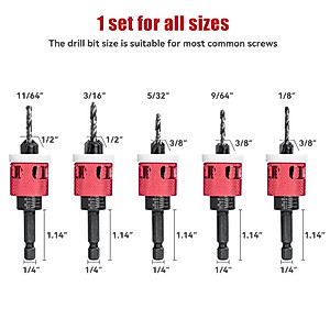 5 Pcs Countersink Drill Bit Set with Low Friction Depth Stop, HSS M2 Bits Tapered Head1/8 9/64" 5/32" Drill+3/8” 82° Counter-Bore,11/64" 3/16" Drill+ 1/2" 82° Counter Bore,1/4” Hex Shank(Red)