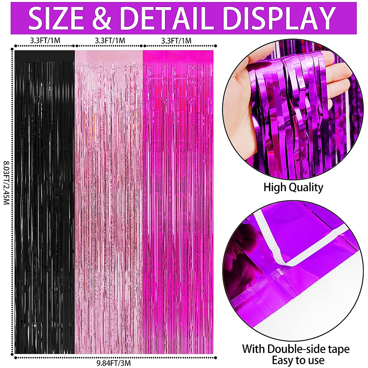 WIQEDOHA 3 Pack Foil Curtains-8x9.84 Ft Rose Red Pink and Black Fringe Metallic Backdrop Curtain for Minie Mouse Themed Baby Shower Birthday Nursery Party Decorations