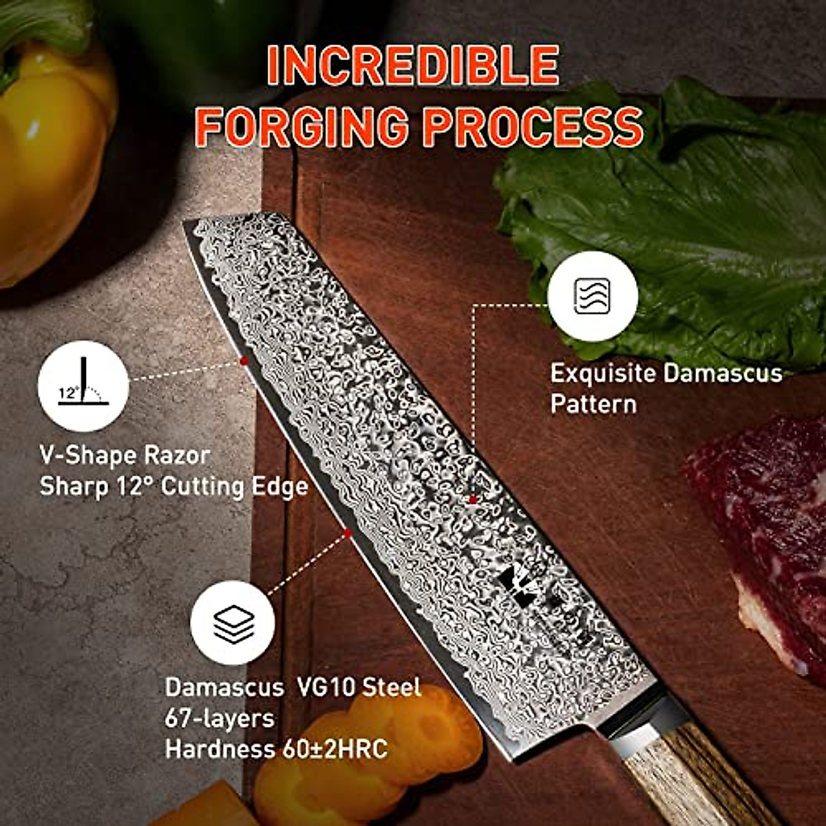 FUJUNI Kiritsuke Damascus Chef Knife 8 inch Kitchen VG-10 Damascus Super Steel 67-Layer Razor Sharp Kiritsuke Knife with Natural Wood Handle Gift Box for Home and Restaurant